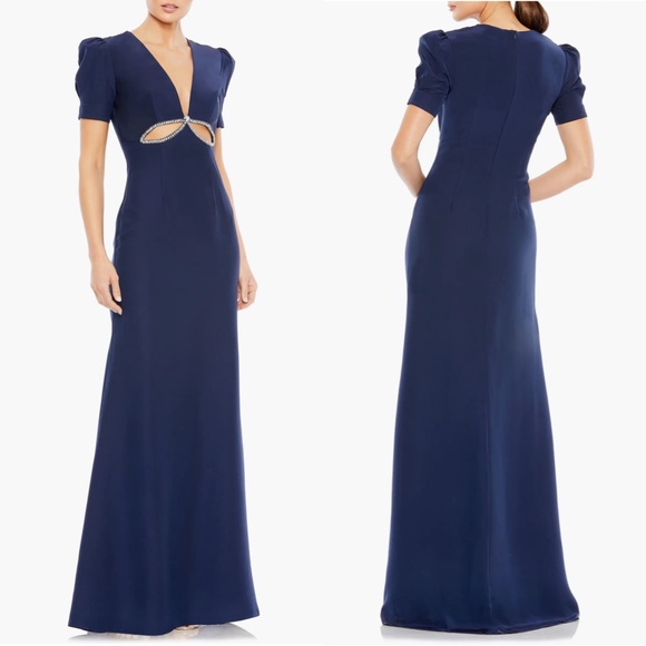 Mac Duggal | Dresses | New Ieena Mac Duggal Navy Plunge Neck Puff ...